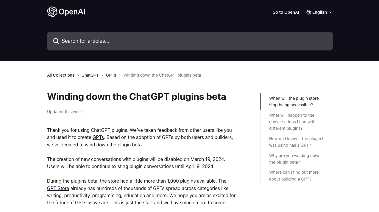 ChatGPT プラグイン機能、2024年4月9日に終了！「GPTs」に移行スタート | ChatGPTの学校
